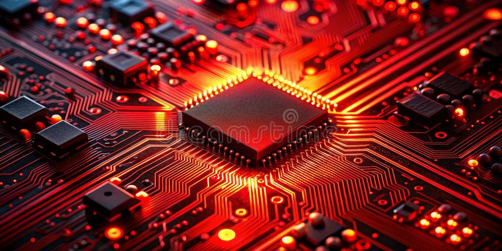 Close-Up of a Red Illuminated Circuit Board with a Black Processor ...