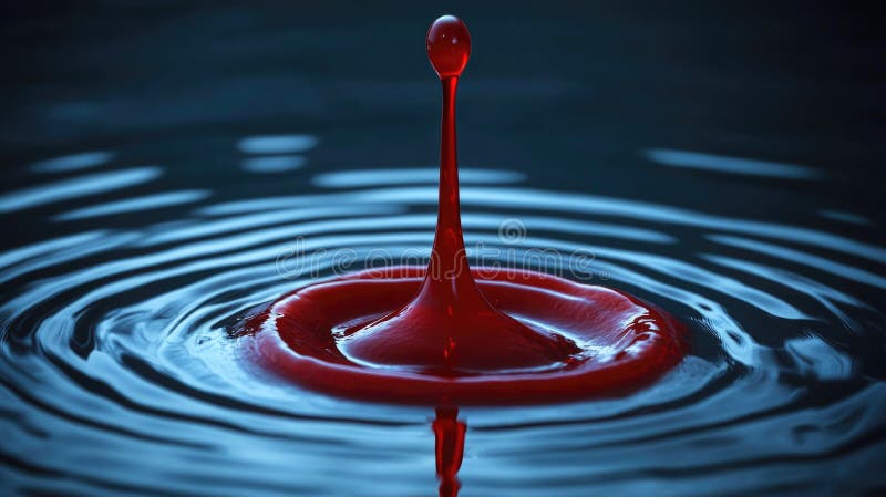 Close-up of Red Liquid Droplet Creating Ripples with Dark Background ...