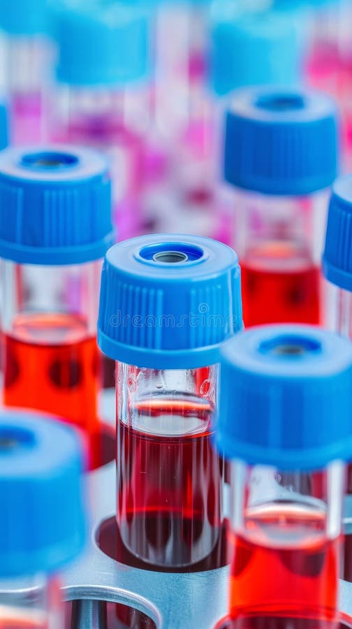 Closeup of Red Liquid in Glass Test Tubes with Blue Caps Rows of Sample ...