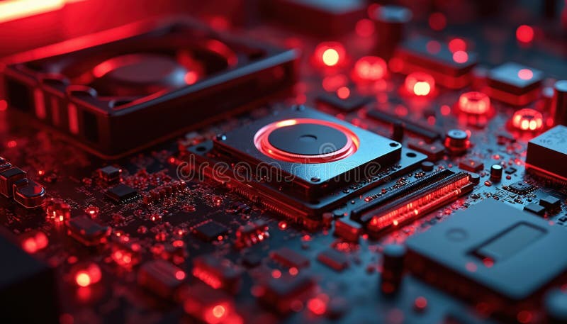 Close-up of Red-lit Computer Motherboard. Electronic Components, CPU ...