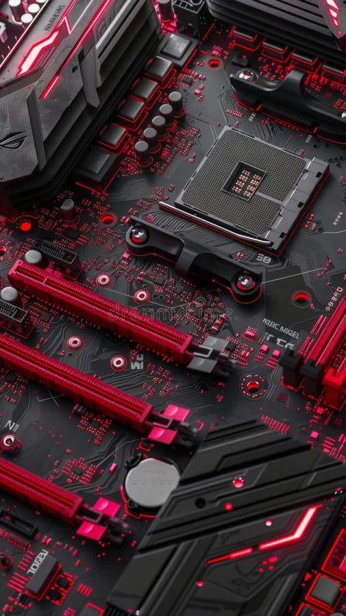 Close-Up of a Red Lit Computer Motherboard Stock Image - Image of ...