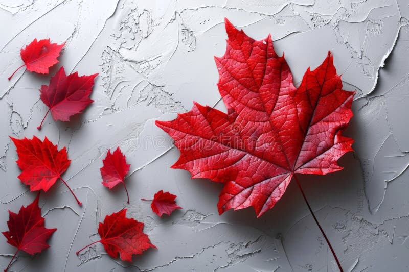 Close-up of Red Maple Leaves on Textured Gray Background. Canada Day ...