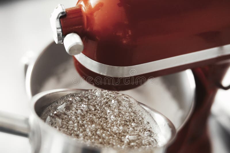 Red Mixer and Boiling Sugar Syrup in Metal Pot. Stock Photo - Image of ...