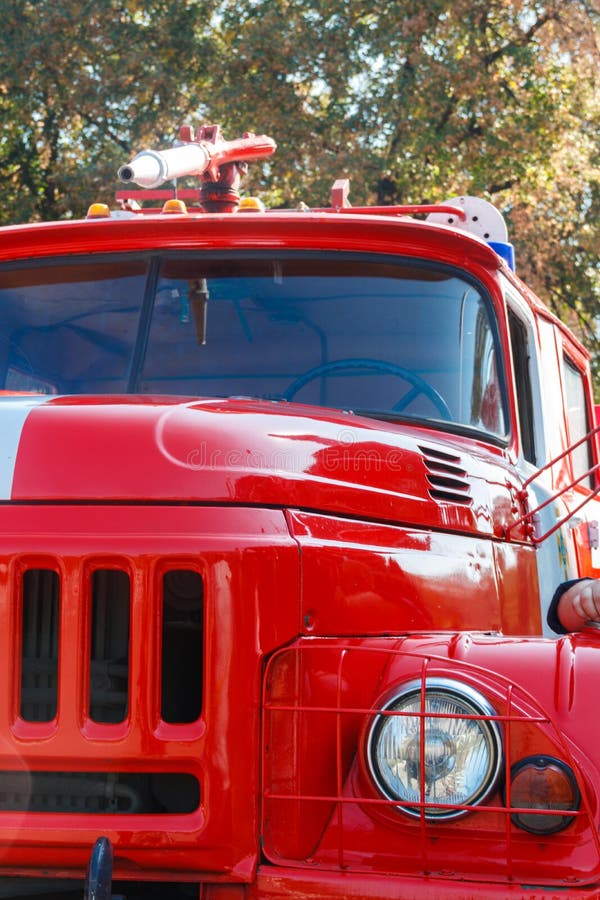 Close-up of Red Old Vintage Fire Truck. Front View Stock Photo - Image ...