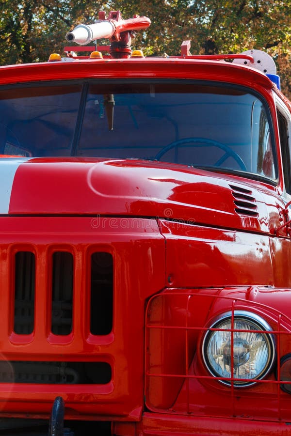 Close-up of Red Old Vintage Fire Truck. Front View Stock Photo - Image ...