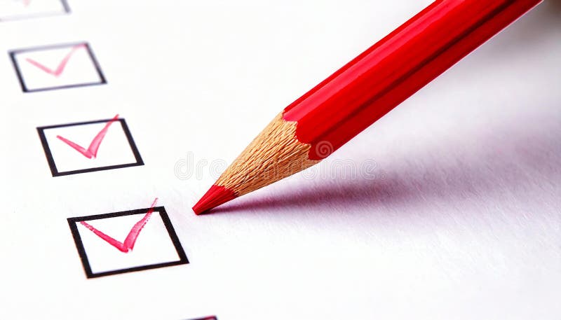 Close-up of a Red Pencil Marking a Checklist Indicating Task Completion ...