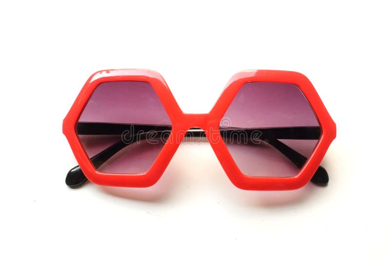 Close Up a Red Pentagon Shape Sunglasses Isolate on a White Background ...