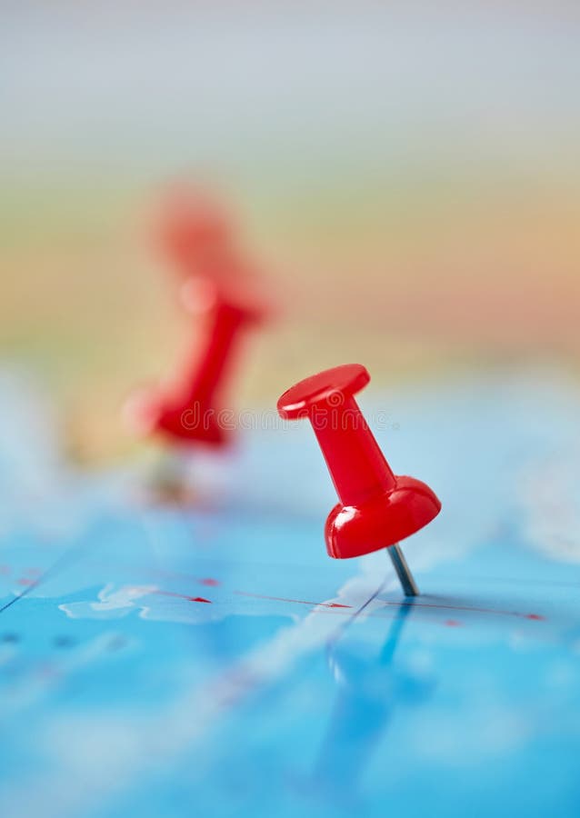 Close-up of red pin on map stock image. Image of location - 258878463