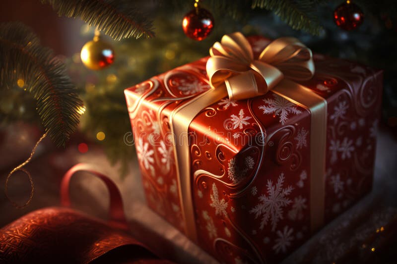 Close Up of Red Present Under Christmas Tree. Generative AI Stock ...