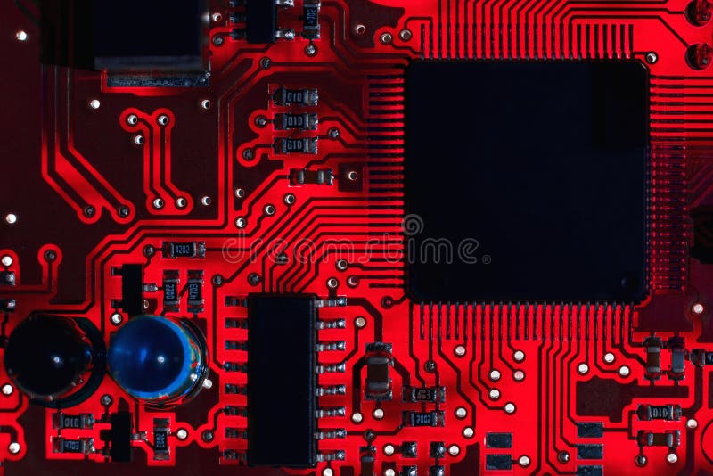 Close-up of a Red Printed Circuit Board PCB with Stripes of Conductors ...
