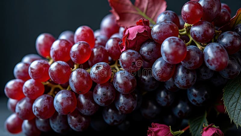 Close-up of Red and Purple Grapes with Red Leaves and Roses Stock Photo ...