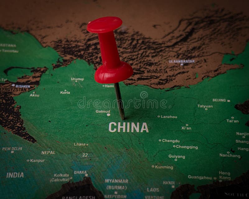 Close Up Red Push Pin Pointing CHINA Stock Photo - Image of atlas, push ...