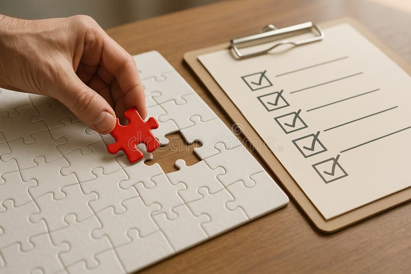 Close-up of Red Puzzle Piece Being Placed into White Puzzle Next To a ...