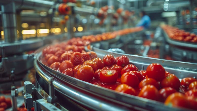 Red Ripe Tomatoes Being Washed on a Conveyor Belt in a Food Processing ...