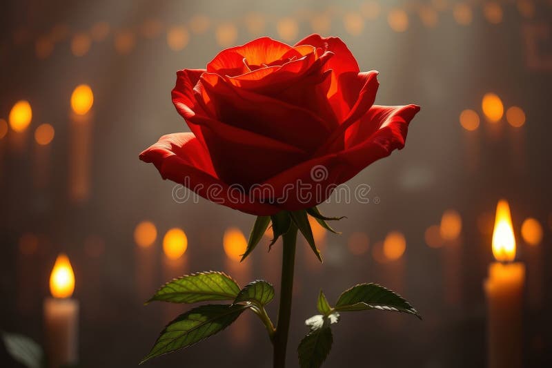 Close Up of a Red Rose with Candlelight Background Symbolizing Romance ...