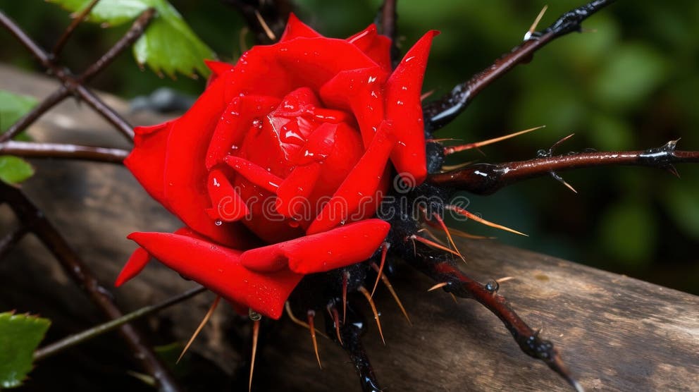 A Close Up of a Red Rose on a Tree Branch Stock Illustration ...