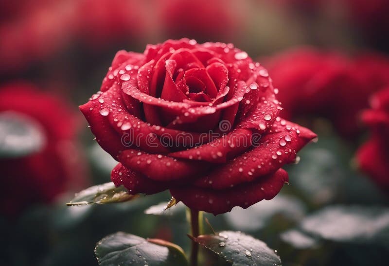 A Close Up of a Red Rose with Water Droplets on it. Stock Illustration ...