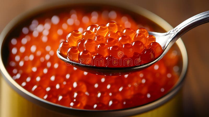 Close-up of Red Salmon Roe on Spoon in Open Tin Can Stock Photo - Image ...