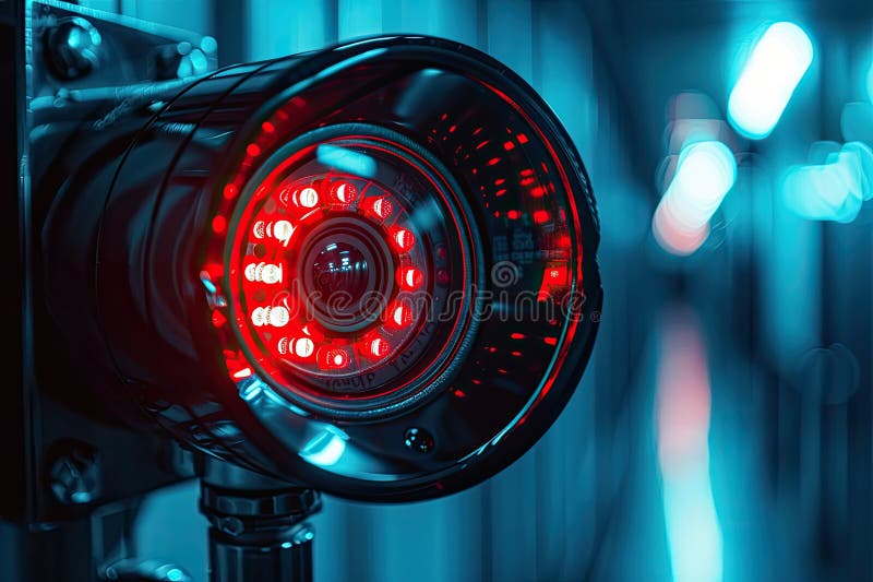 Close-up of a Red Security Camera in a Blue-lit Environment ...