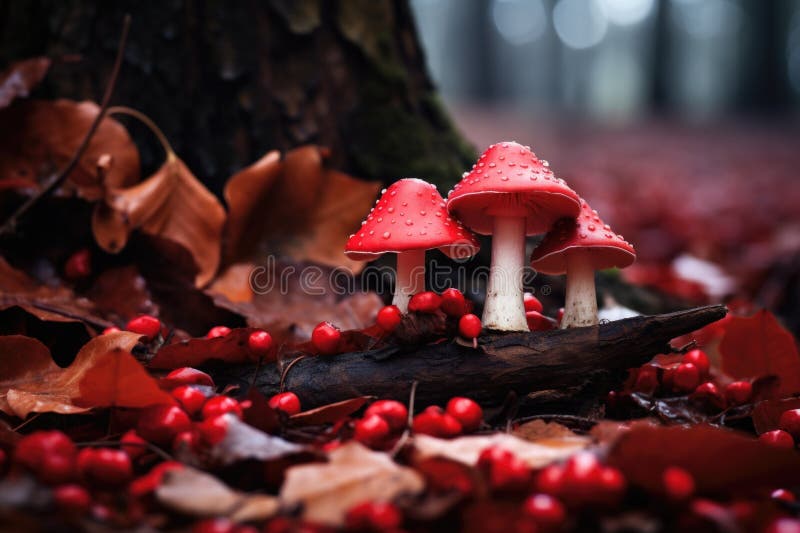Close-up of Red Toadstools Amidst Autumn Leaves Stock Image - Image of ...