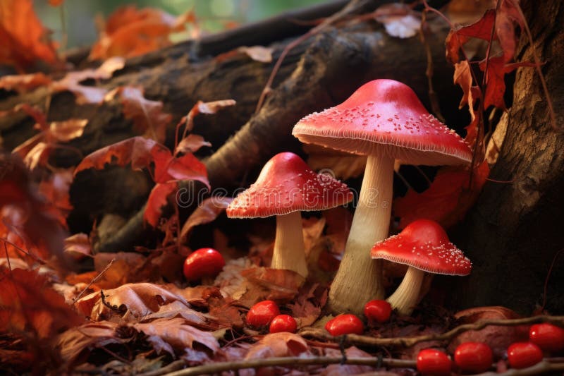 Close-up of Red Toadstools Amidst Autumn Leaves Stock Photo - Image of ...
