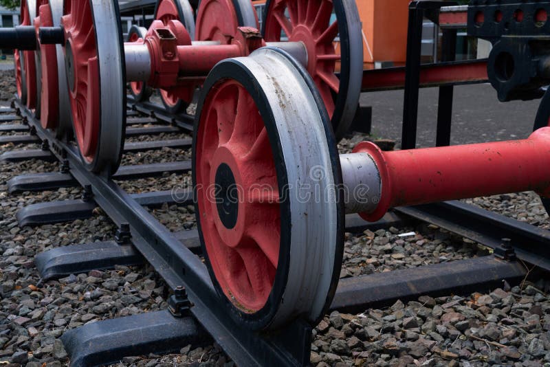 Close-up of Red Train Wheels on a Set of Tracks. Stock Photo - Image of ...