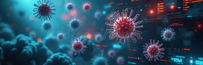 Close-up on Red Virus Cells with Illuminated Screen. Digital Display of ...