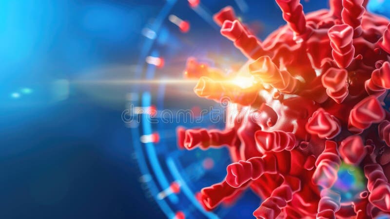 Close-up of Red Virus Model with Blue Background and Light Flare ...
