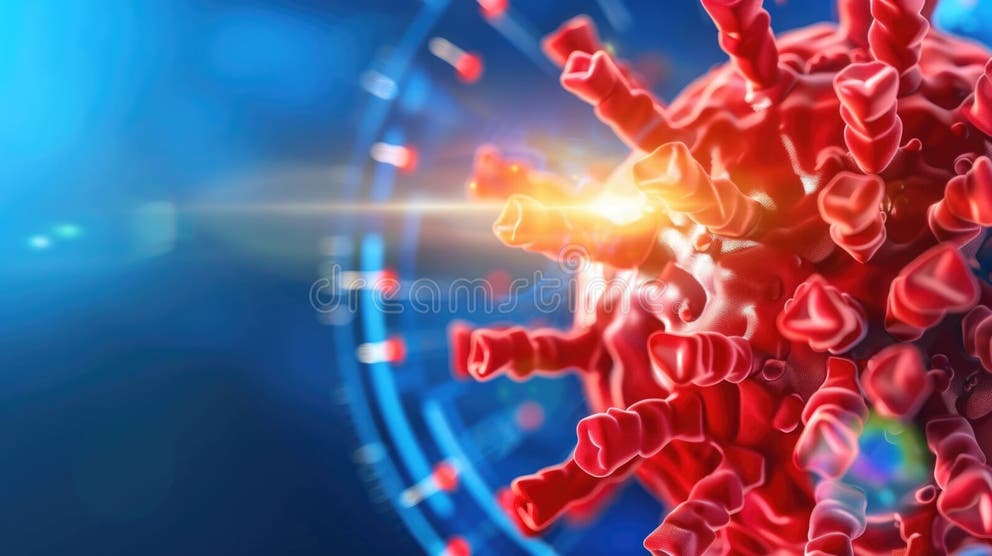Close-up of Red Virus Model with Blue Background and Light Flare ...