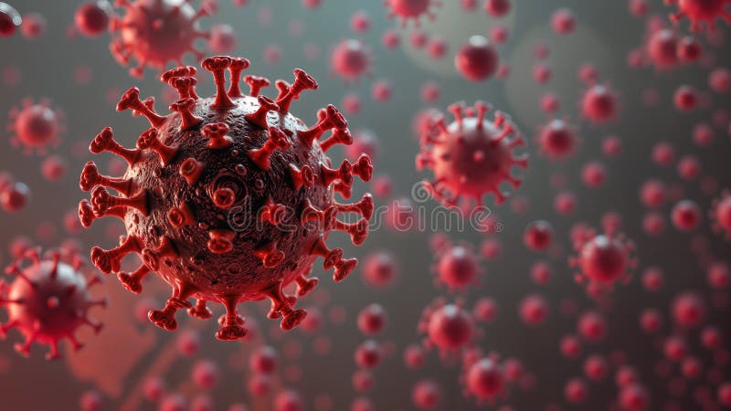 Close-up of Red Virus Particles Floating Against Grey Background Stock ...