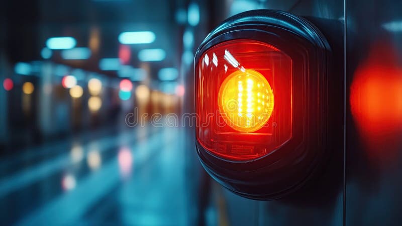 Close-up of a Red Warning Light in a Dimly Lit Subway Station Stock ...