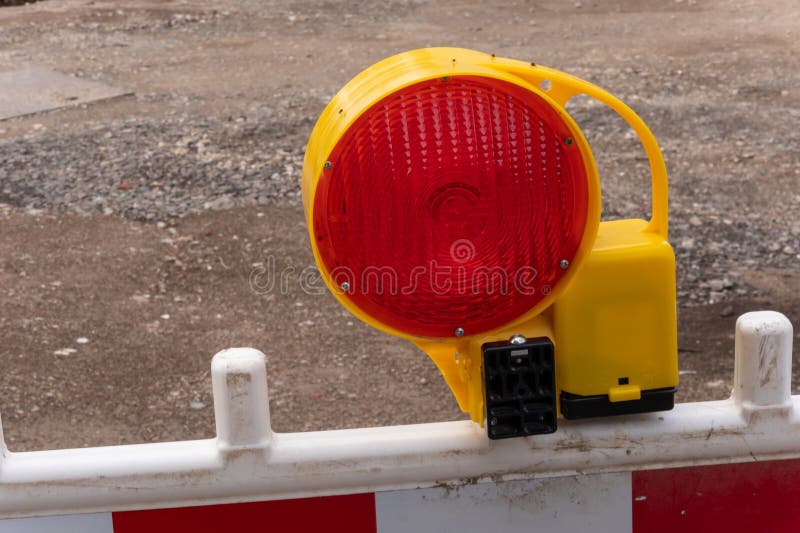 A Red Warning Light with Street Barriers at a Construction Site Stock ...
