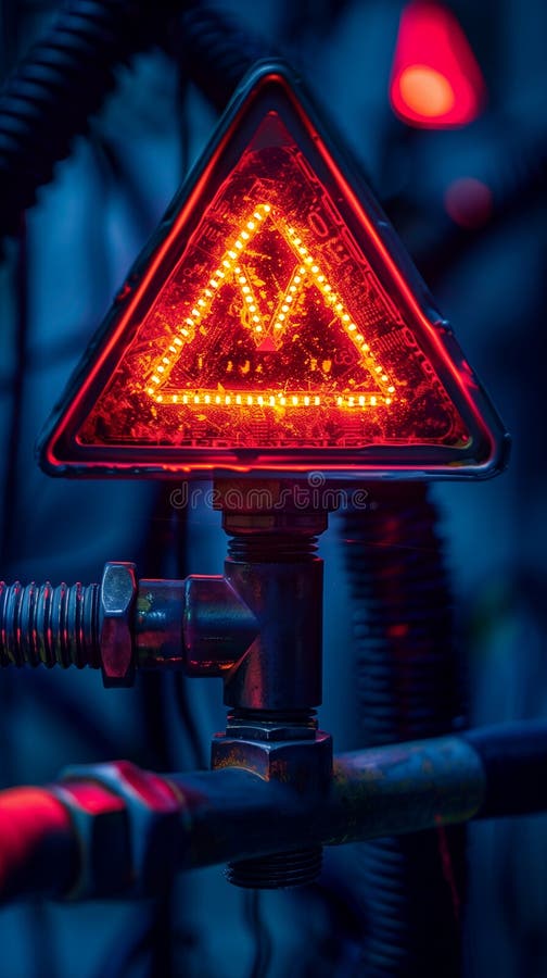 Red Warning Triangle Light on Industrial Pipe Stock Image - Image of ...