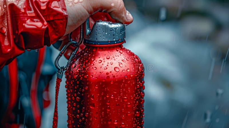 Close-Up of a Red Water Bottle Held in the Rain. Generative Ai Stock ...