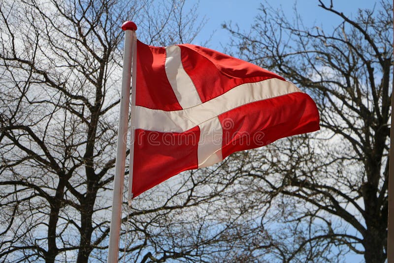 Close Up of Red and White Denmark Flag is Blowing in the Wind in Front ...