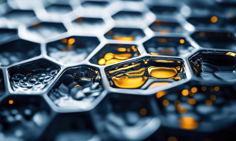 A Close-up of a Reflective Honeycomb Structure Filled with a Golden ...