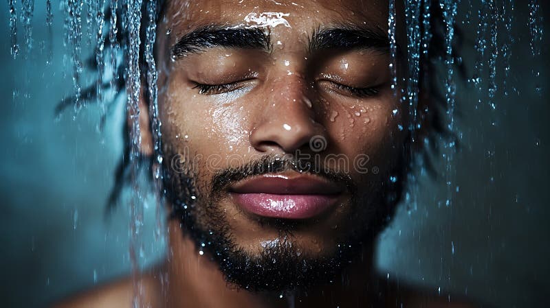 Close-Up of a Relaxed Man S Face with Water Streaming Overhead Stock ...
