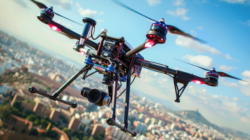 Close-up of a Remotely Controlled Drone with Camera Flying Over a Big ...
