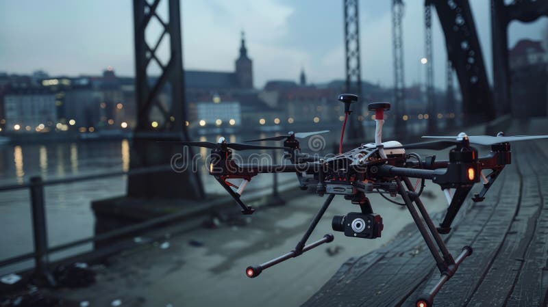 Close-up of a Remotely Controlled Drone with Camera Flying Over Bridge ...