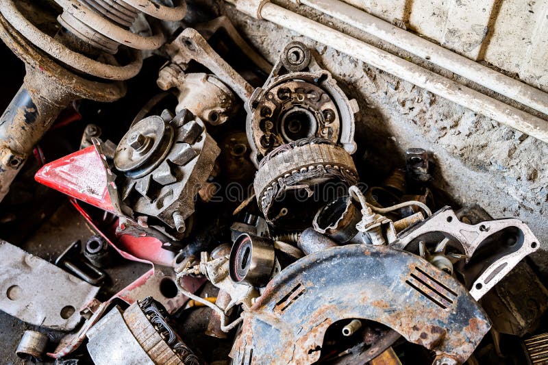 Close-up of Removed Old Car Parts in a Car Service. Stock Image - Image ...