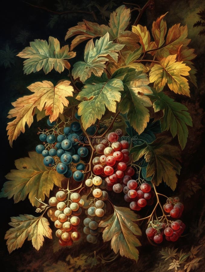 Close-up of a Renaissance Style Drawing of a Multi-leaf Vine Plant. AI ...