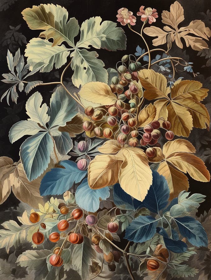 Close-up of a Renaissance Style Drawing of a Multi-leaf Vine Plant. AI ...