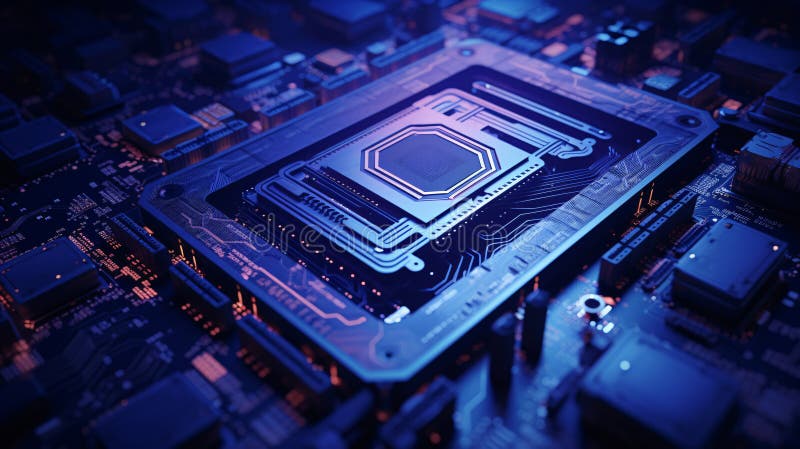 Close Up Representation of a Quantum Processor Chip with Lights Around ...