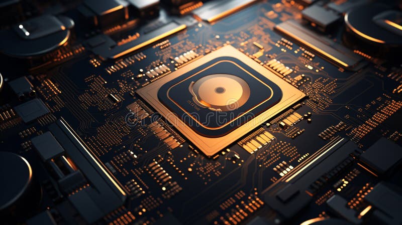 Close Up Representation of a Quantum Processor Chip with Lights Around ...