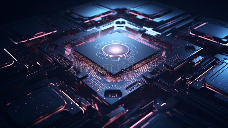 Close Up Representation of a Quantum Processor Chip with Lights Around ...