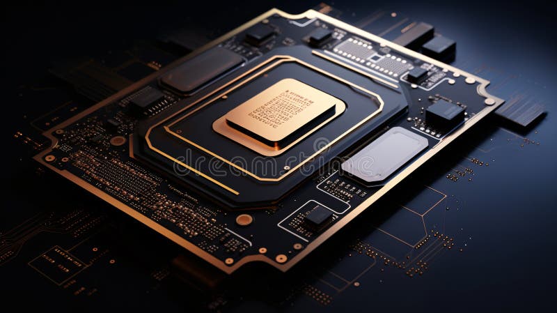 Close Up Representation of a Quantum Processor Chip with Lights Around ...