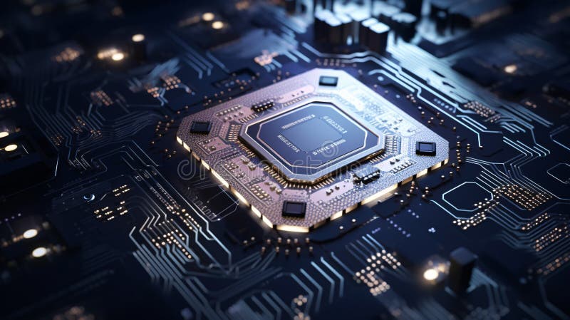 Close Up Representation of a Quantum Processor Chip with Lights Around ...
