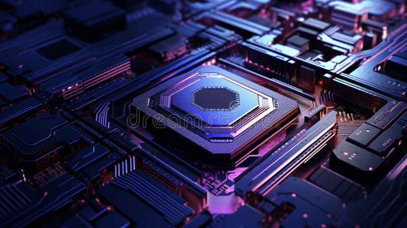 Close Up Representation of a Quantum Processor Chip with Lights Around ...