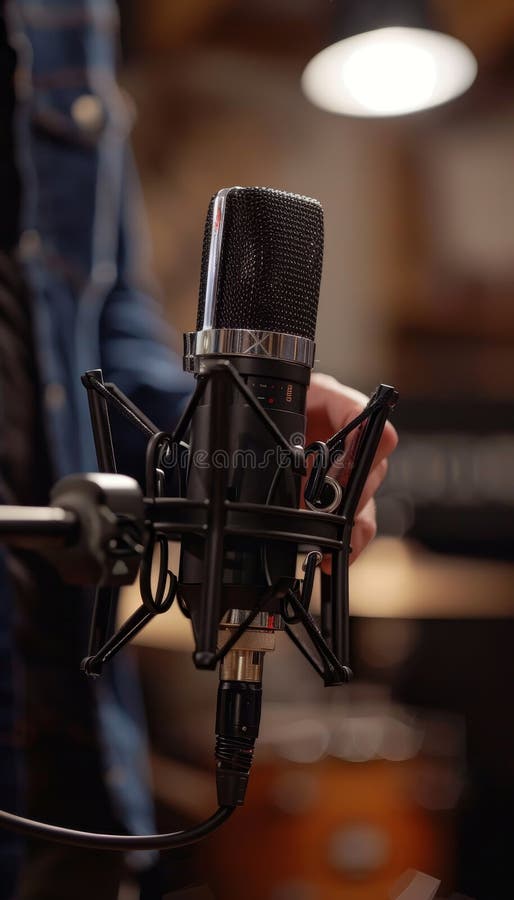 Close Up of a Retro Microphone Stand with a Hand Knocking for Sound ...