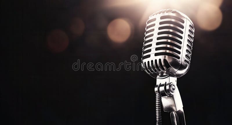 Vintage Silver Microphone on Dark Background with Warm Bokeh Light ...